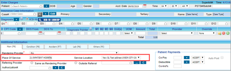 Enter charge with a different Service Location/Facility | PracticeSuite - Help