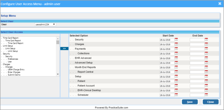 ConfigureUserAccessmenu – PracticeSuite – Help
