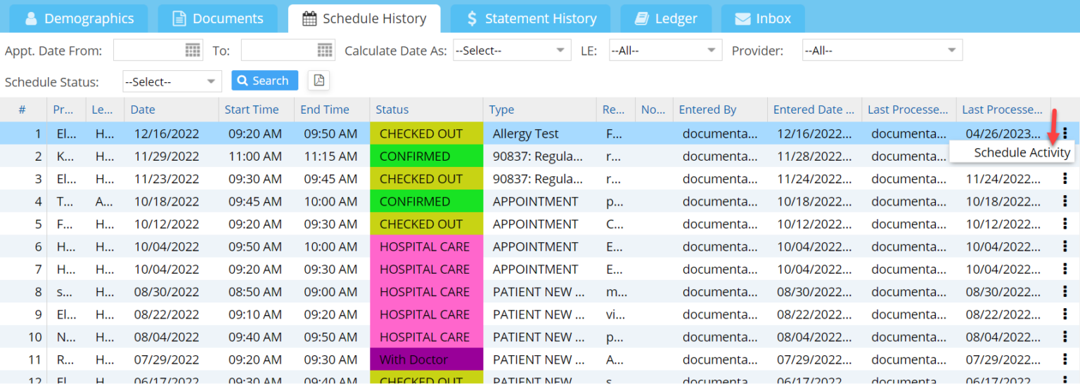 schedulerHistoryMain – PracticeSuite – Help