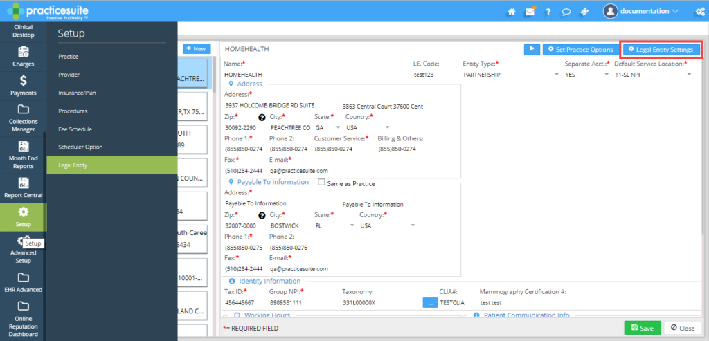 LegalEntitysetupMainmenu – PracticeSuite – Help