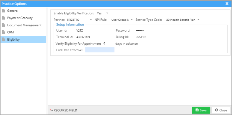 Practice Options – Eligibility – PracticeSuite – Help